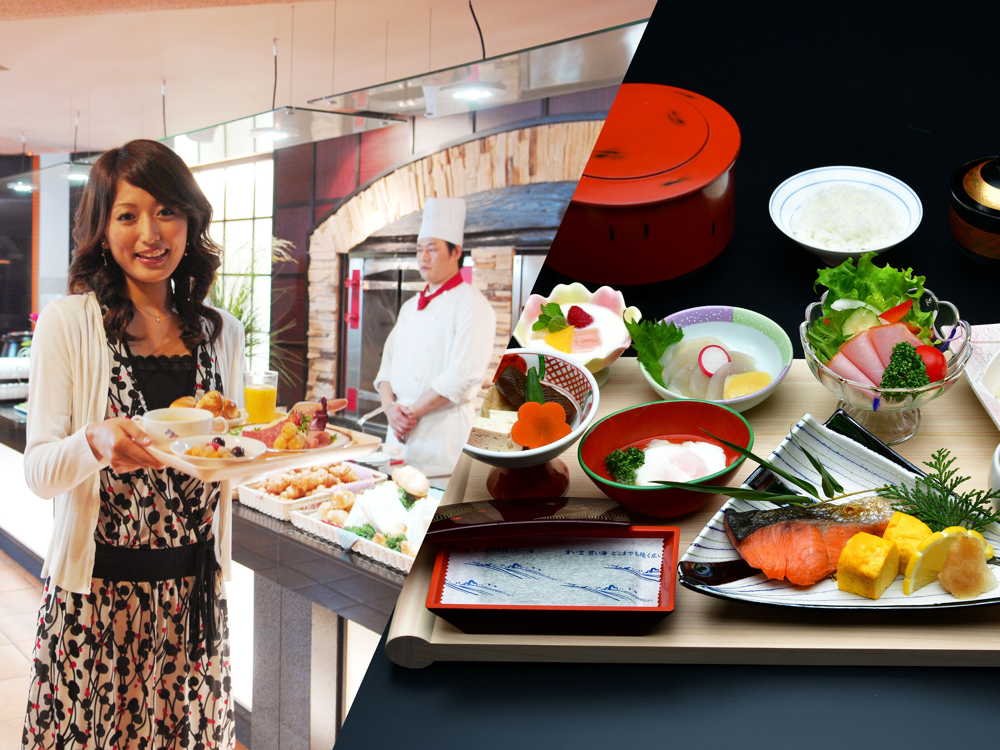 Buffet variado com diversos pratos, um cozinheiro de uniforme e uma mulher servindo comida.