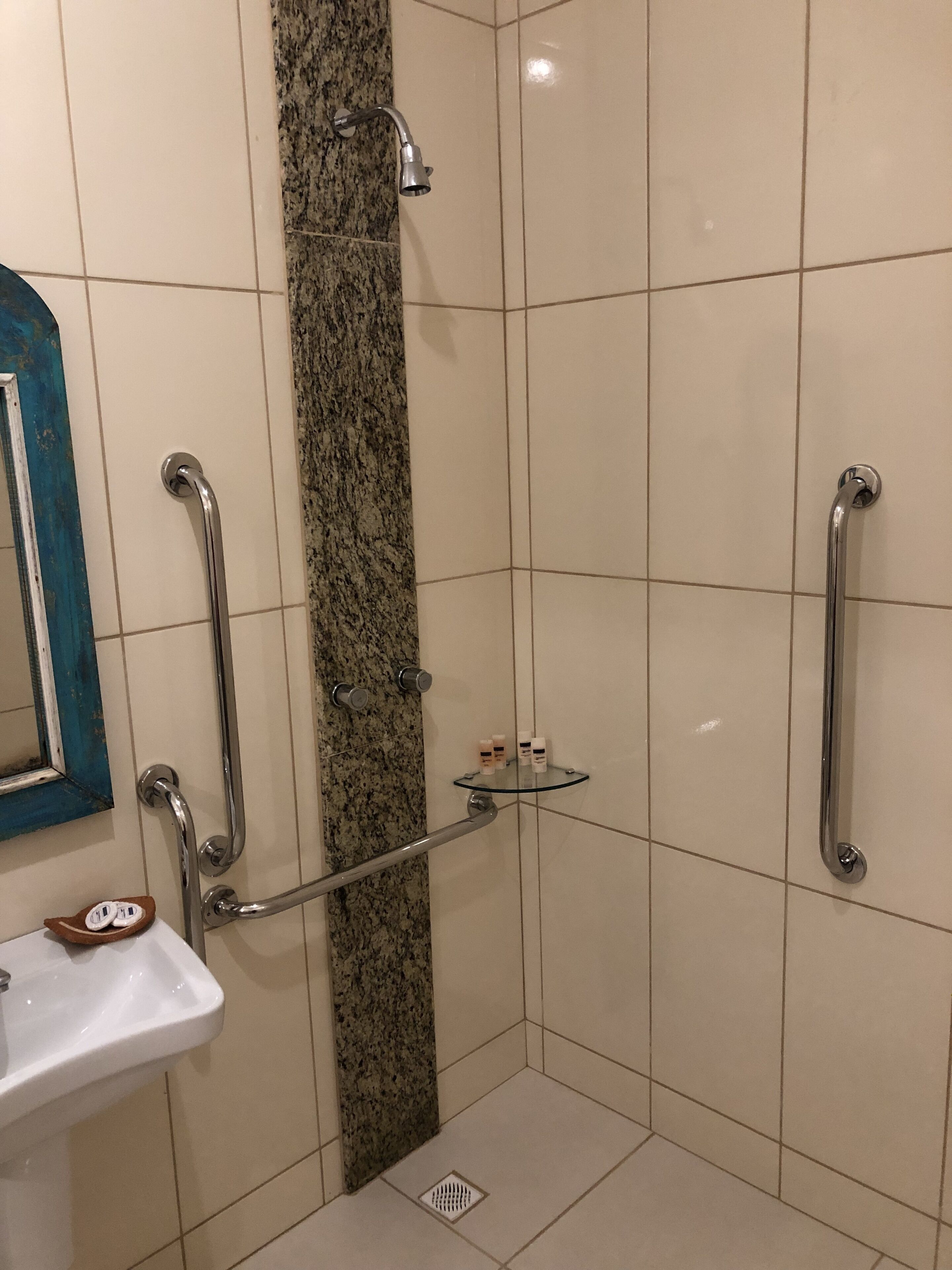 Casa de banho com chuveiro, barras de apoio, prateleira de vidro com produtos de higiene e lavatório com espelho.