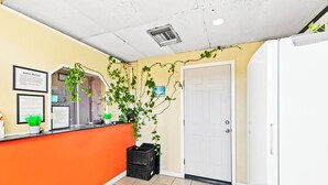 Uma área de recepção com balcão, porta e parede com plantas.