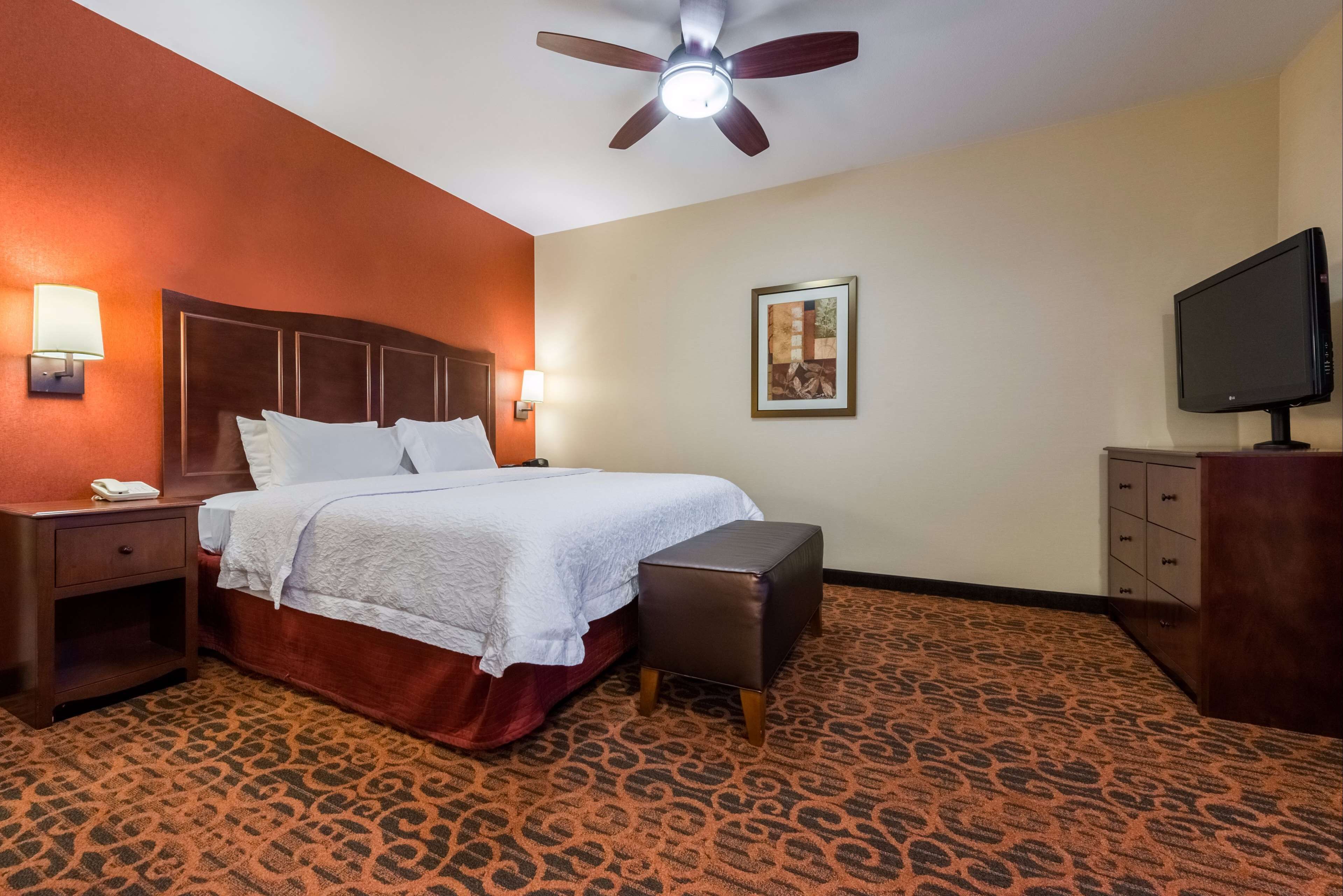 Quarto de hotel com cama, abajures, ventoinha no teto, televisão de tela plana, piso coberto de carpete e um quadro na parede.