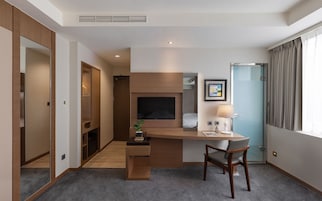 Quarto de hotel com escrivaninha de madeira, televisão, cama, janela com cortinas e uma pequena planta.