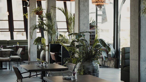 Interior moderno de restaurante com pé direito alto, vigas de concreto aparente e grandes janelas. Mesas e cadeiras dispostas para refeições.