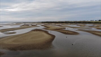 Paisagem costeira com areia molhada e canais de água.