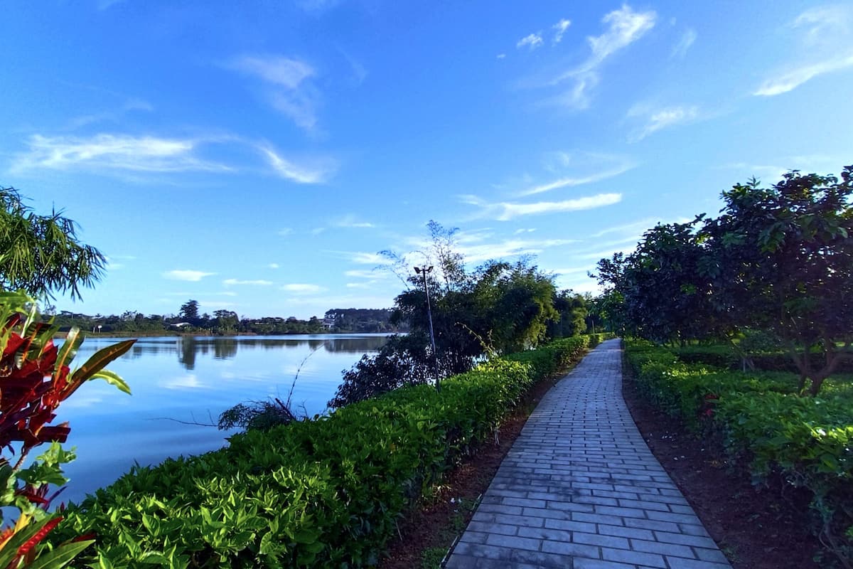 Uma trilha pavimentada ao lado de um lago calmo, cercada por vegetação exuberante e árvores.