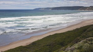 Paisagem costeira com praia de areia e vegetação verde.