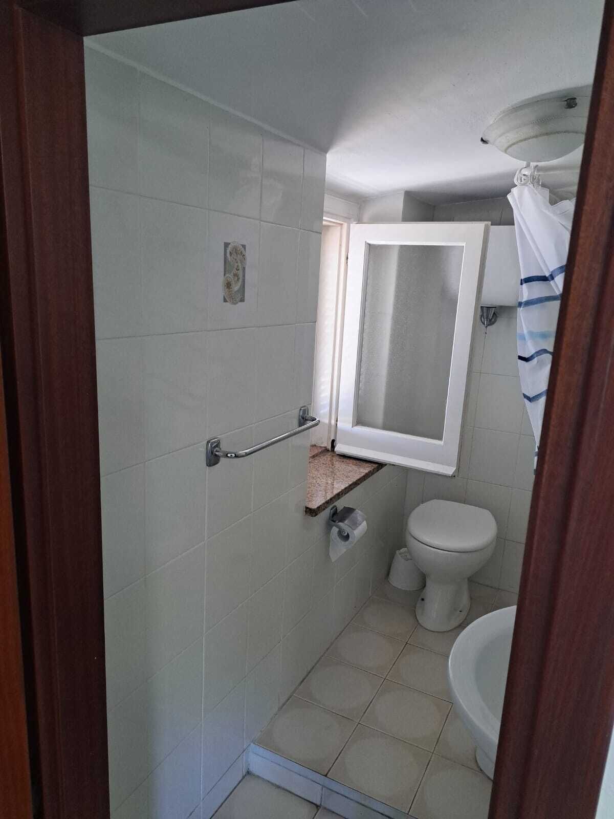 Um banheiro pequeno com chuveiro, vaso sanitário e pia.