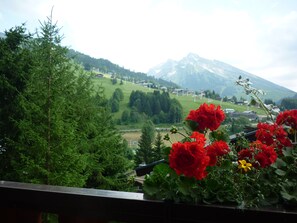 Uma varanda com vista para uma paisagem montanhosa, vegetação exuberante e flores vermelhas.