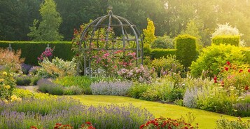 Um jardim com estufa, diversas plantas e gramado bem cuidado.