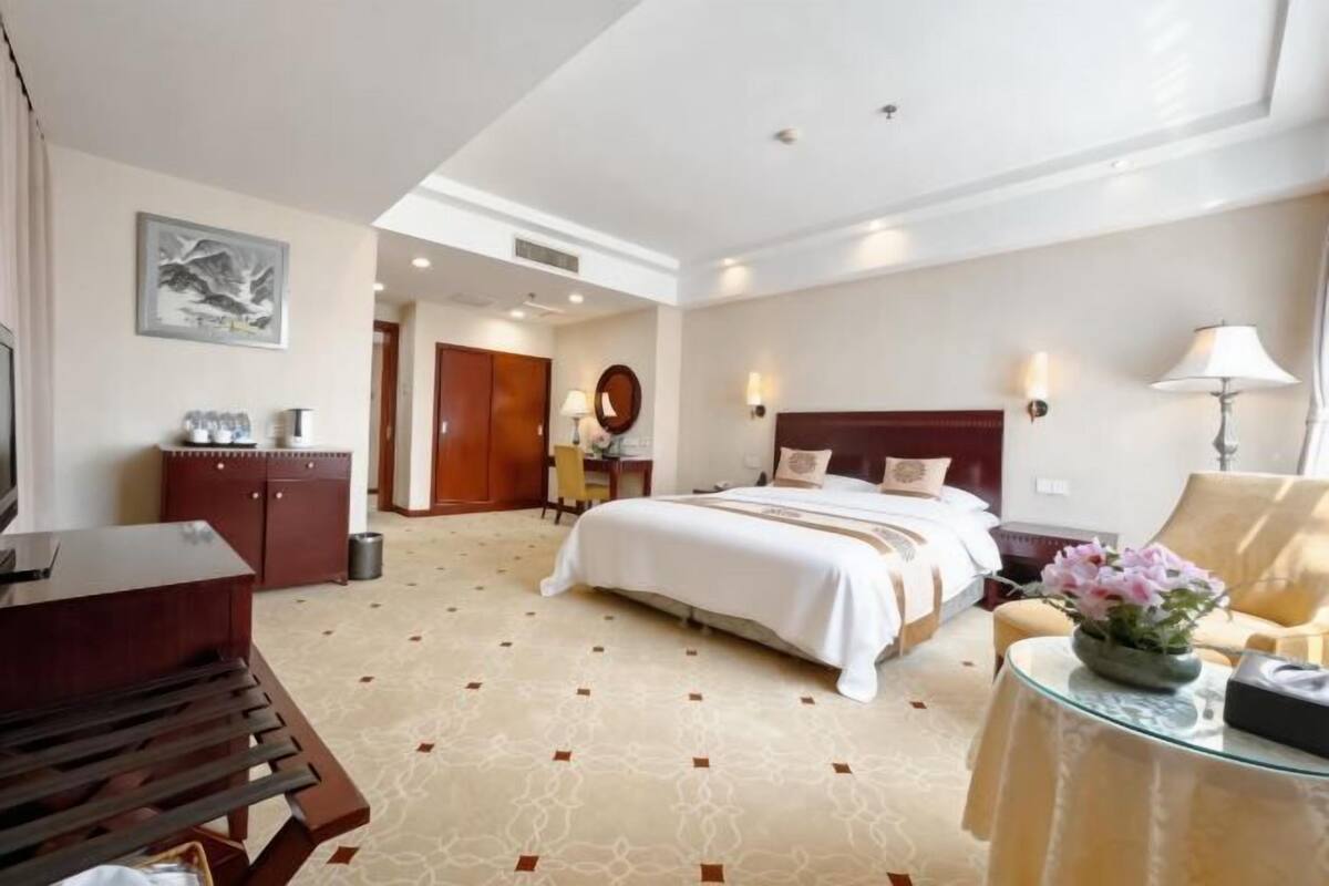 Quarto de hotel com cama, escrivaninha, cadeira, televisão e um vaso decorativo.