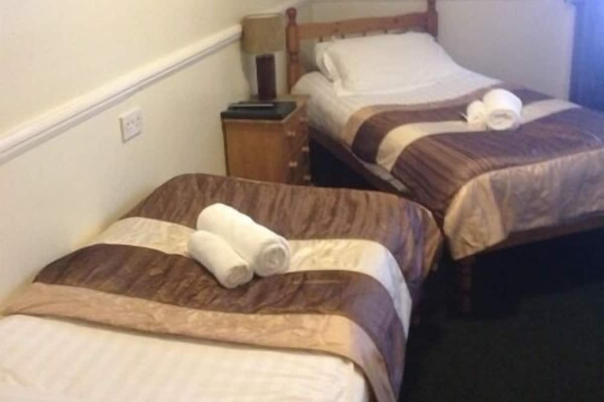Duas camas de solteiro com roupa de cama marrom e branca, um criado-mudo de madeira e uma luminária entre elas.