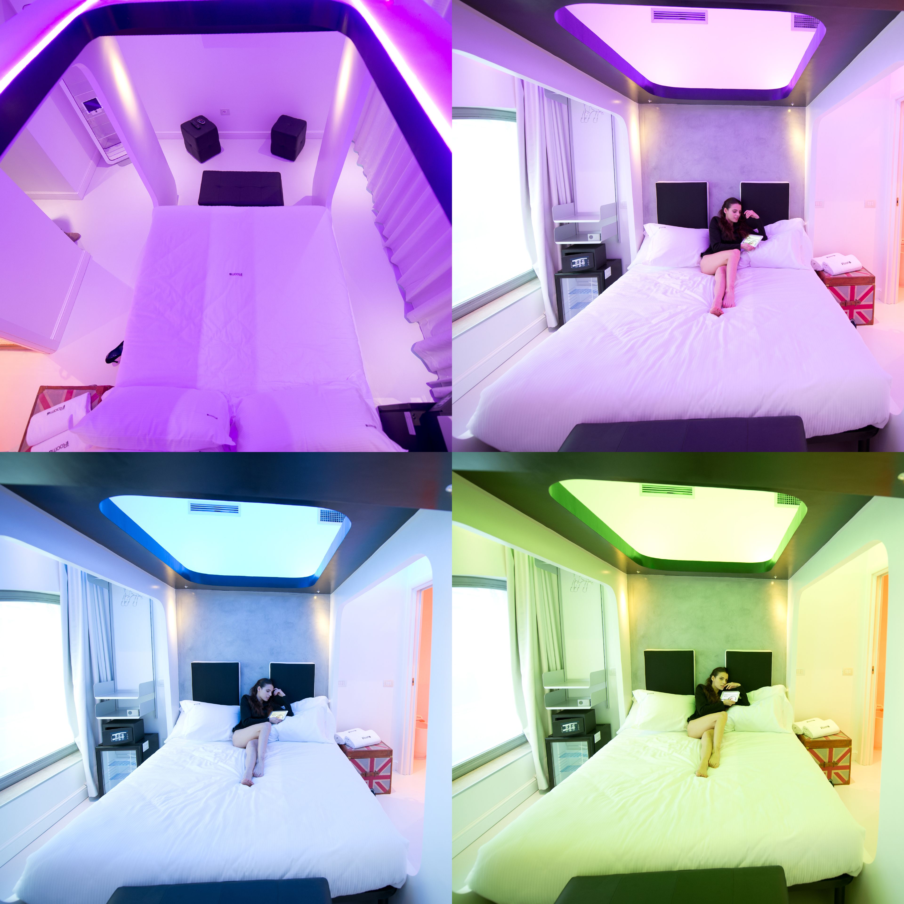 Quarto de hotel com uma cama, mesas de cabeceira e uma janela.
