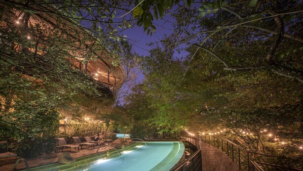 Piscina com deck de madeira e guarda-corpos, cercada por árvores e iluminada por luzes de Natal.