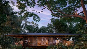 Uma casa moderna com fachada de vidro, rodeada por vegetação densa.