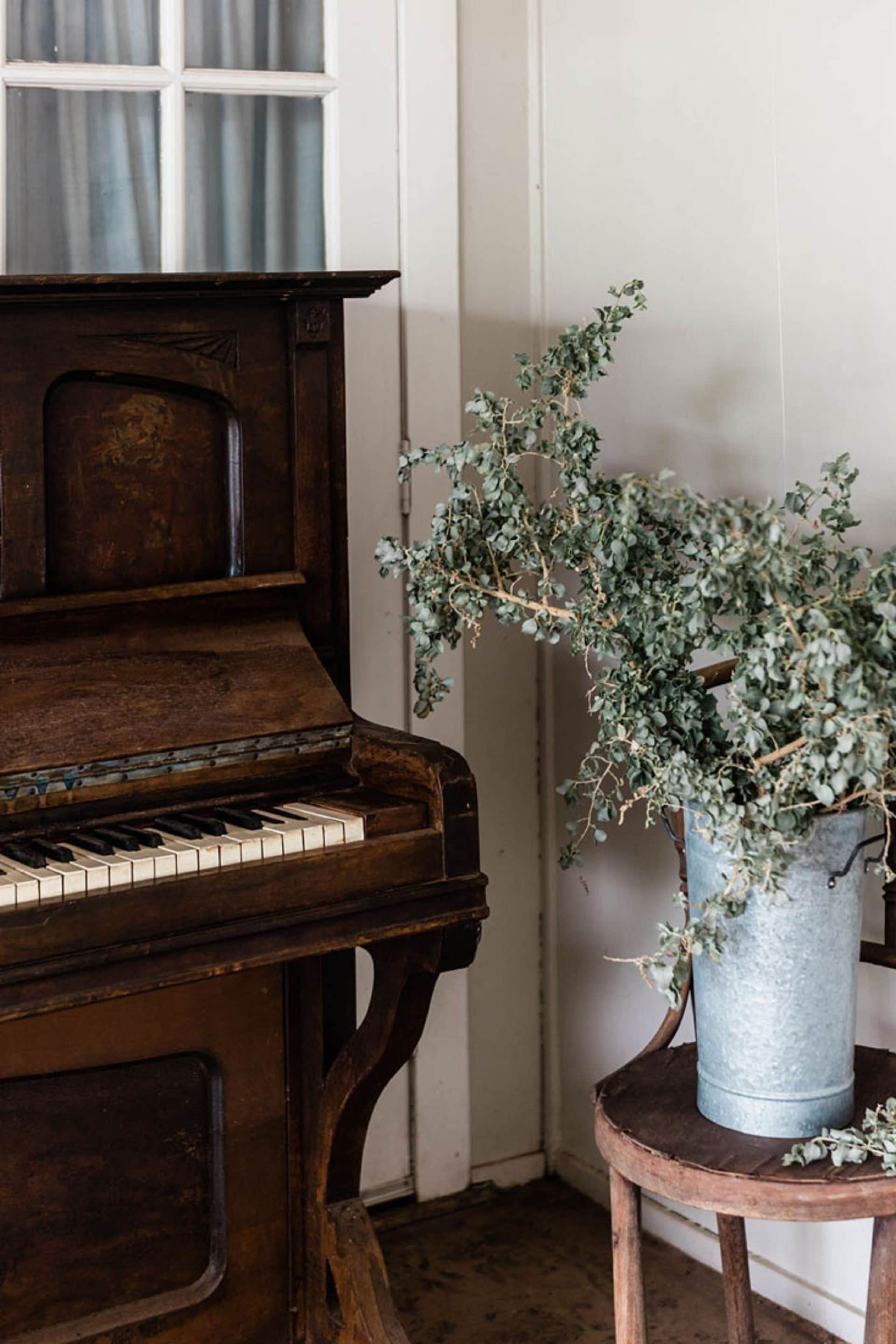 Um piano de madeira ao lado de um balde de metal com uma planta.