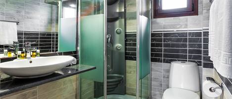 Uma casa de banho moderna com cabine de duche em vidro, lavatório branco e sanita.