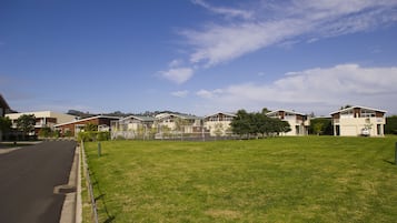 Uma fileira de casas térreas com gramado e rua pavimentada.