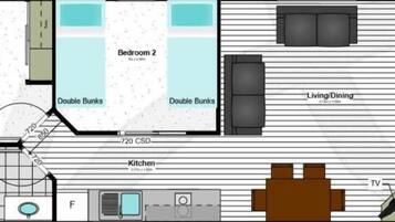 Planta baixa de um hotel com dois quartos, um banheiro, uma cozinha, sala de estar/jantar e um chuveiro.