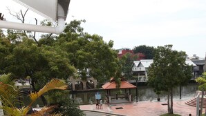 Uma varanda com uma cadeira de vime, um vaso de planta e vista para uma passarela à beira do rio com um coreto.