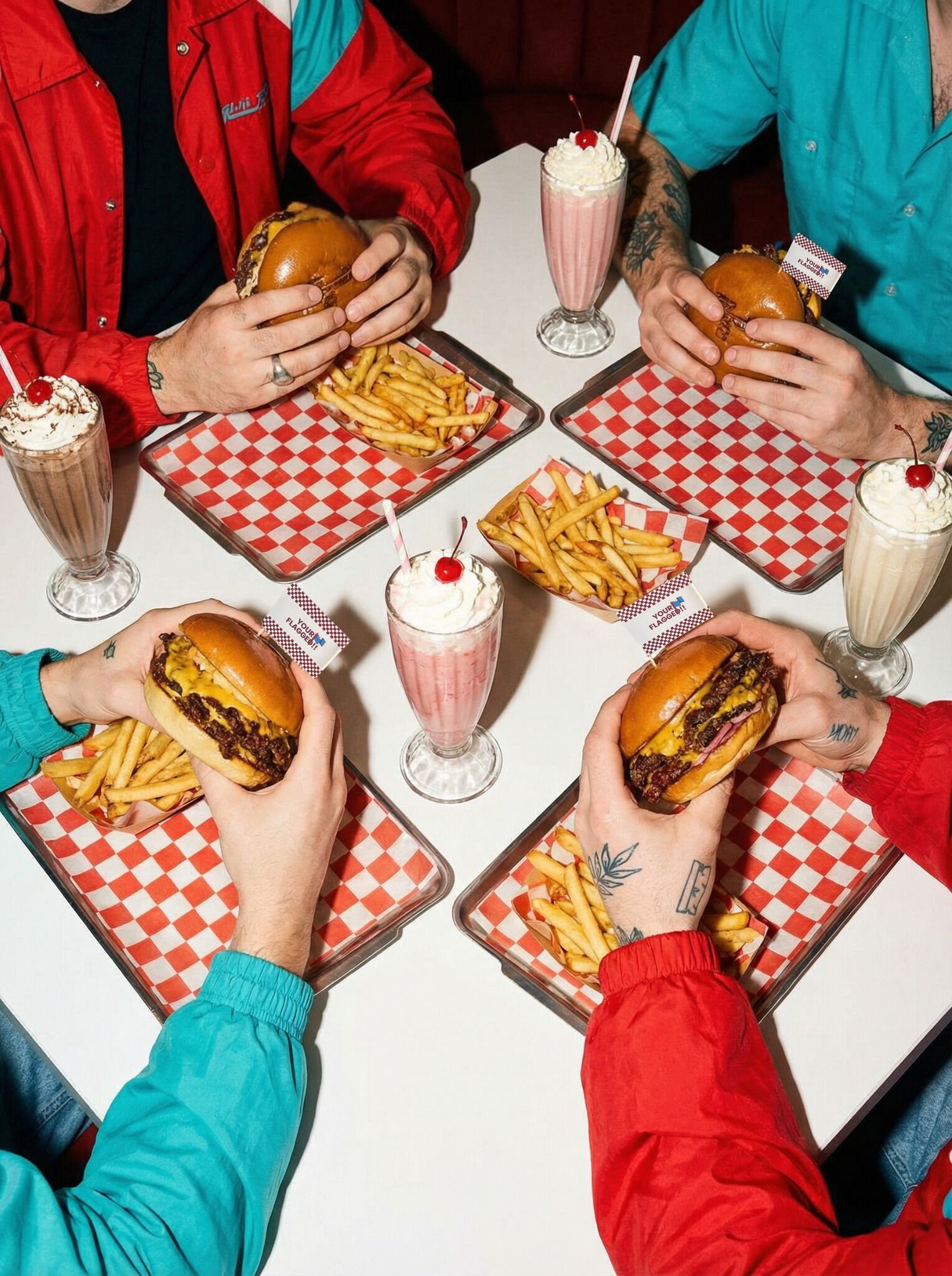Um grupo de pessoas sentadas à mesa com hambúrgueres, batatas fritas e milkshakes.