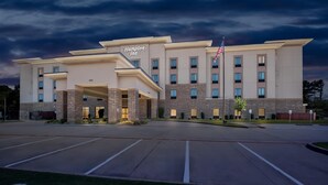Um hotel Hampton Inn com design moderno, apresentando um amplo estacionamento e uma bandeira americana.