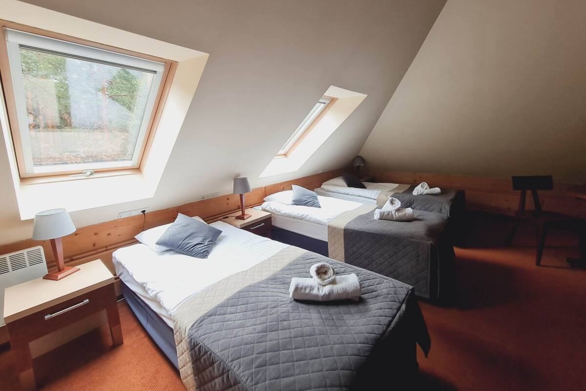 Quarto com três camas dispostas em formato de U, cada uma com travesseiro e cobertor. Há uma mesa de trabalho com luminária, uma cadeira e uma janela com vista para árvores.