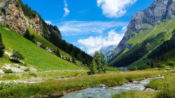 Paisagem montanhosa com um riacho límpido, campos verdejantes e penhascos rochosos.