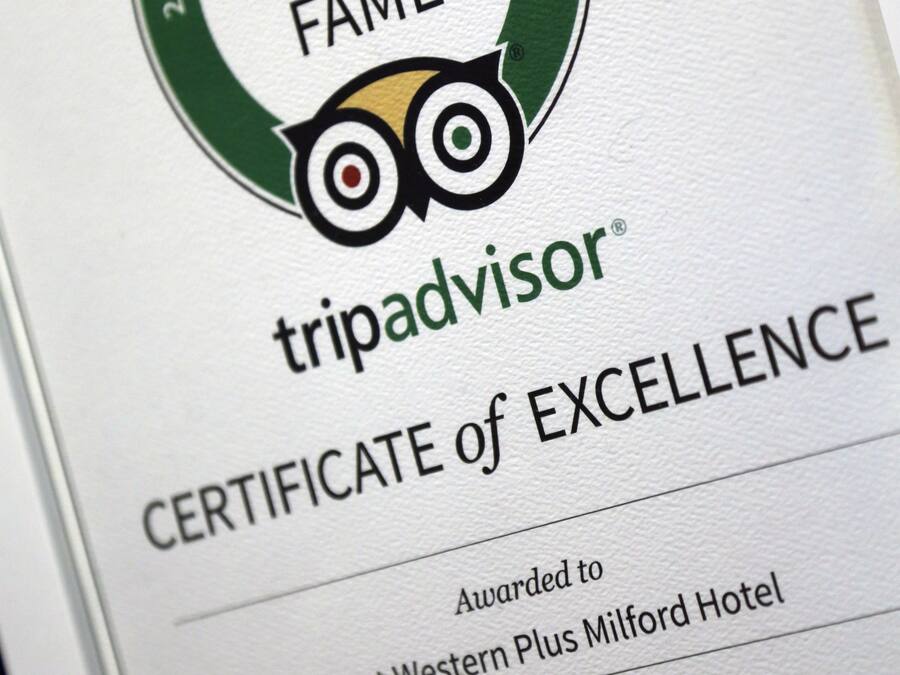 Certificado de excelência do Salão da Fama do TripAdvisor concedido ao Best Western Plus Milford Hotel.