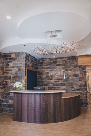 Uma área de recepção de spa com parede de pedra, balcão de madeira e lustre em formato de galho.
