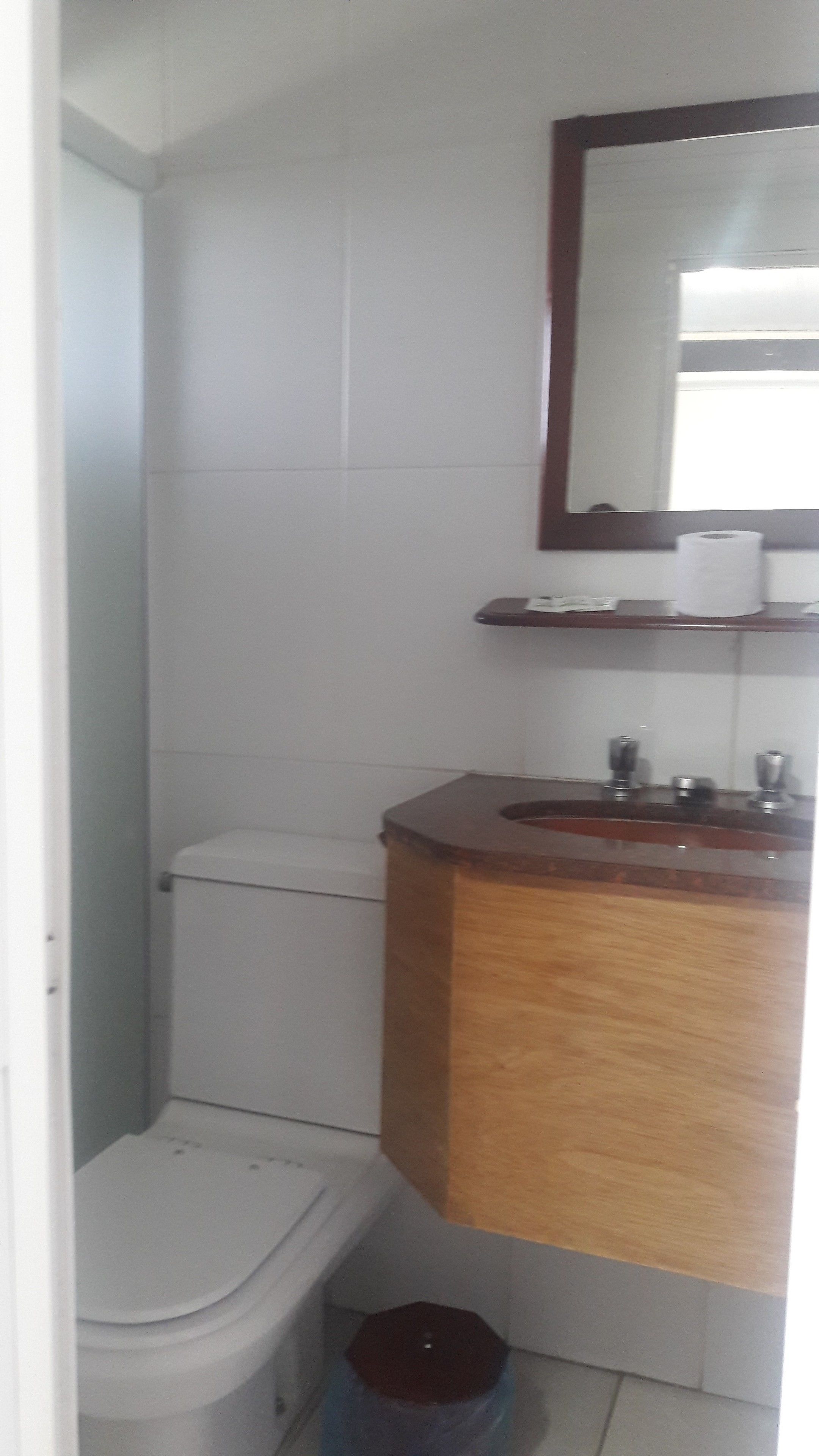 Casa de banho com sanita, lavatório e espelho.