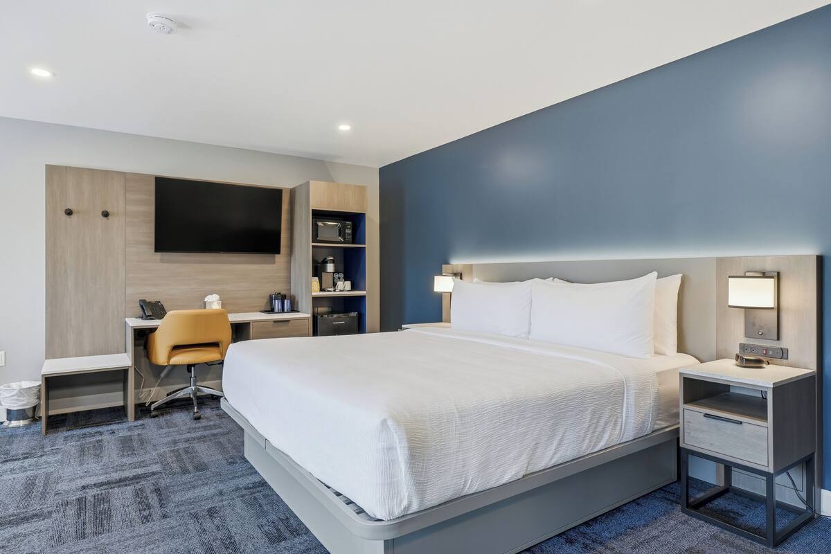 Quarto de hotel moderno com uma cama grande, uma escrivaninha com cadeira, televisão de tela plana, micro-ondas e uma pequena mesa de cabeceira com abajur.