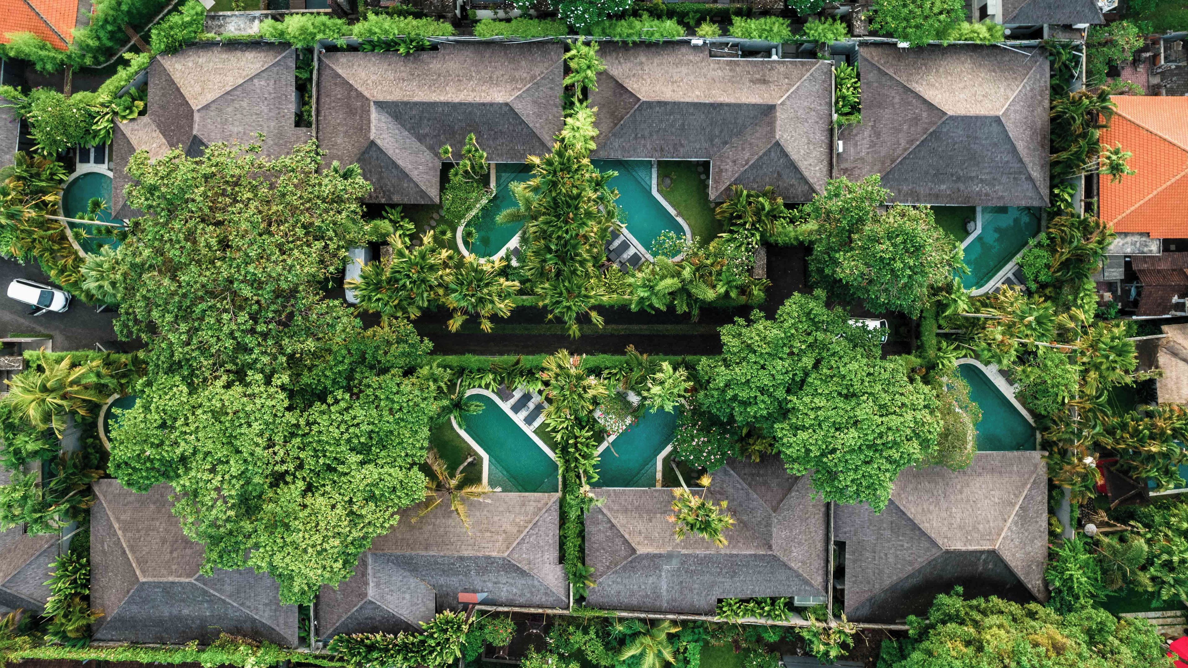Bairro residencial com várias casas, cada uma com piscina cercada por vegetação exuberante.