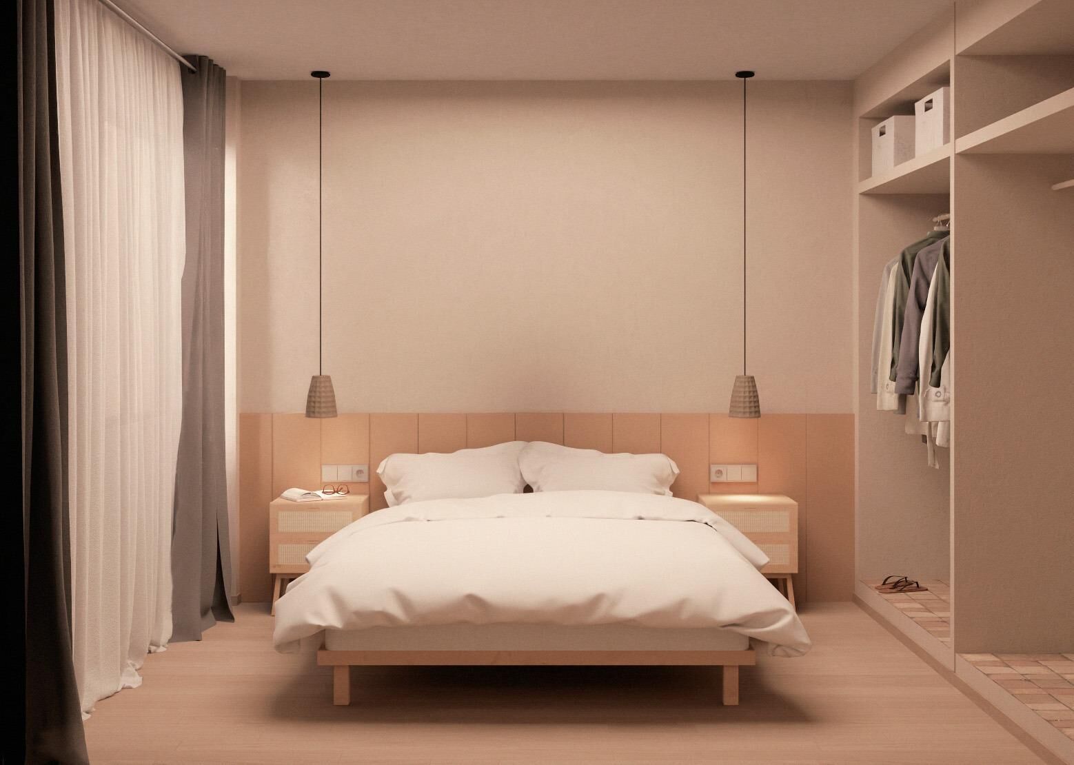 Quarto com cama, mesas de cabeceira, guarda-roupa e luminária pendente.