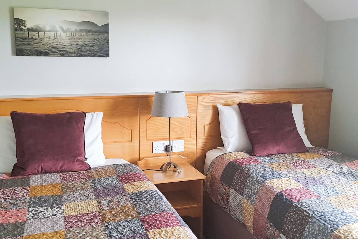 Quarto de hotel com duas camas, uma mesa de cabeceira, um abajur e um quadro na parede.
