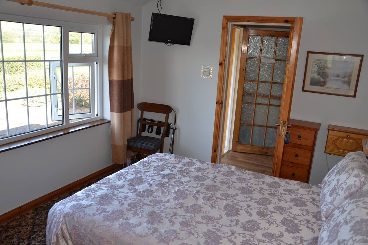 Quarto com cama, cadeira, cómoda de madeira, televisão na parede e porta com painéis de vidro jateado.