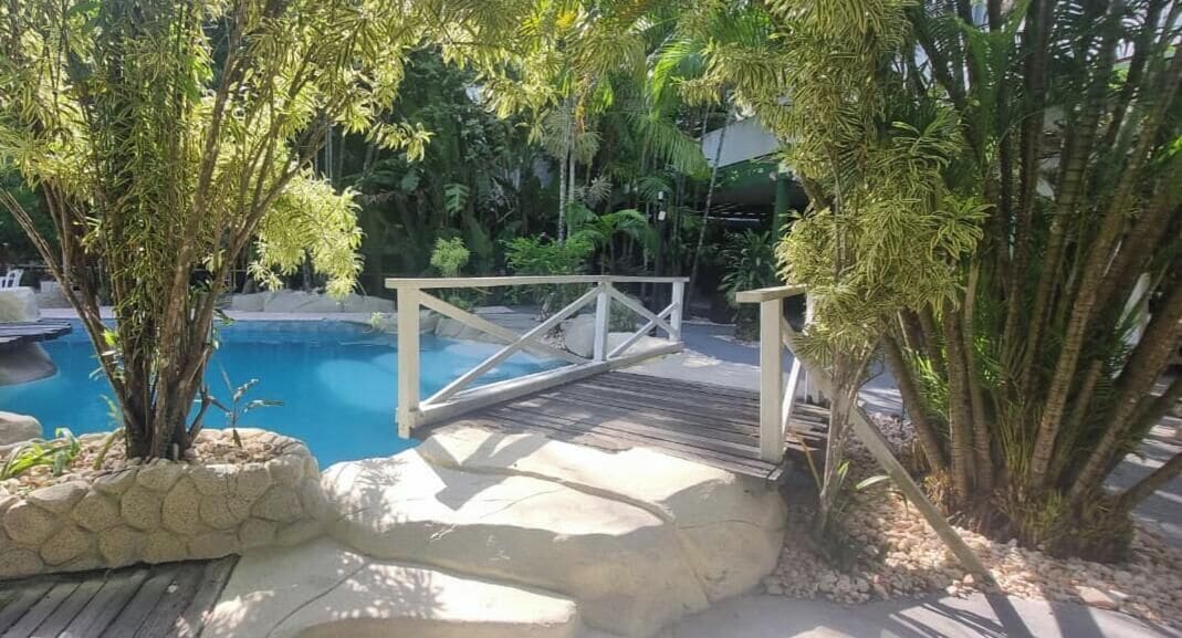 Uma área de piscina com deck de madeira, paredes de pedra e plantas tropicais.