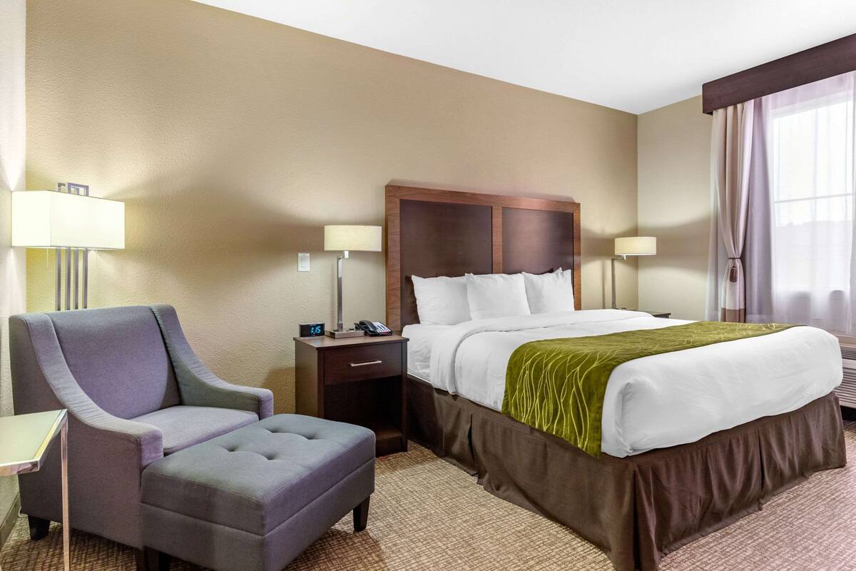Quarto de hotel com cama, uma cadeira, mesa de cabeceira e duas luminárias.