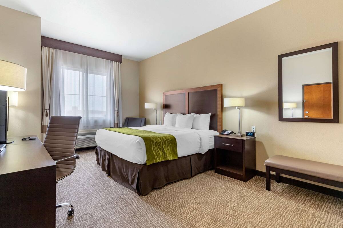 Quarto de hotel com cama, escrivaninha, cadeira, mesa de cabeceira, abajur e um banco.
