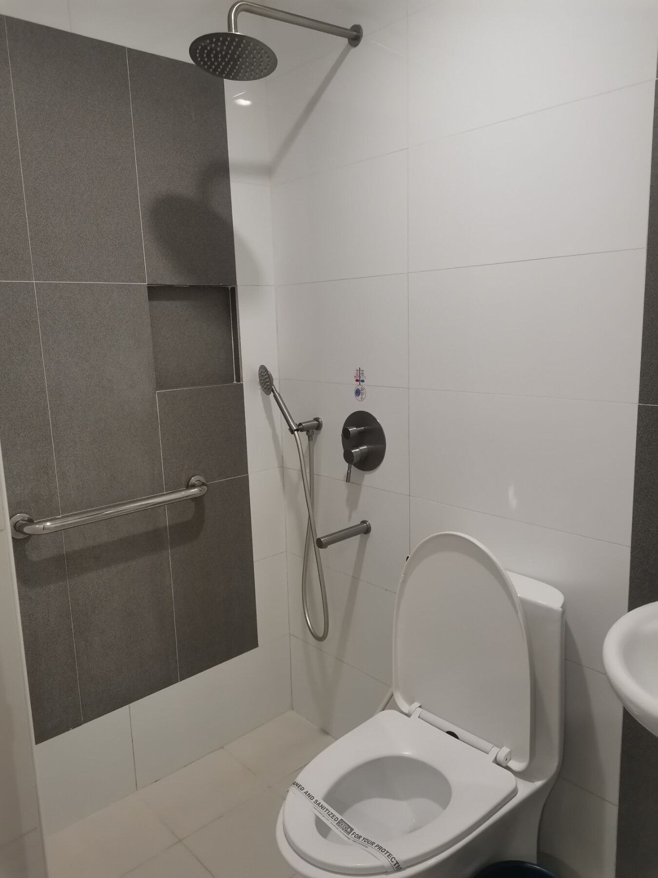 Uma casa de banho moderna com chuveiro, sanita e barra de apoio.