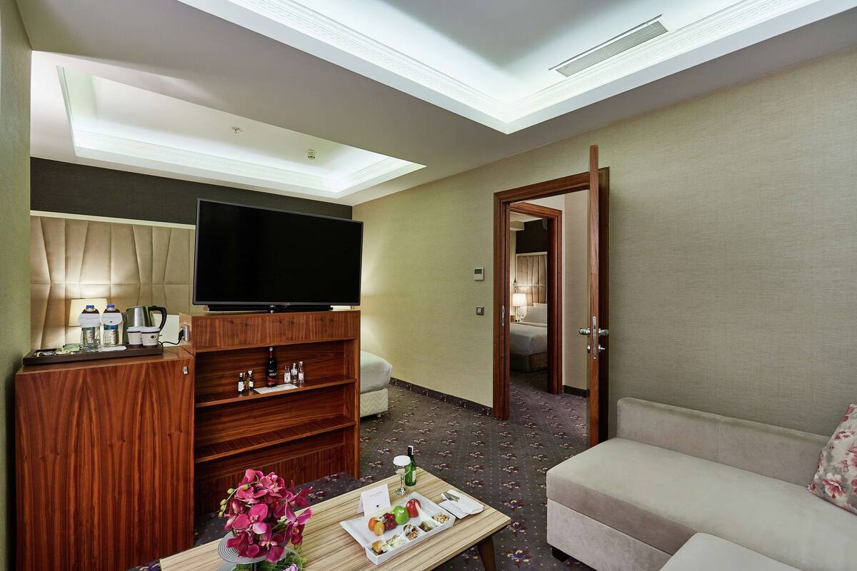Quarto de hotel com televisão de tela plana, móveis de madeira, um sofá, uma mesa pequena com um vaso e uma porta que dá para o banheiro.