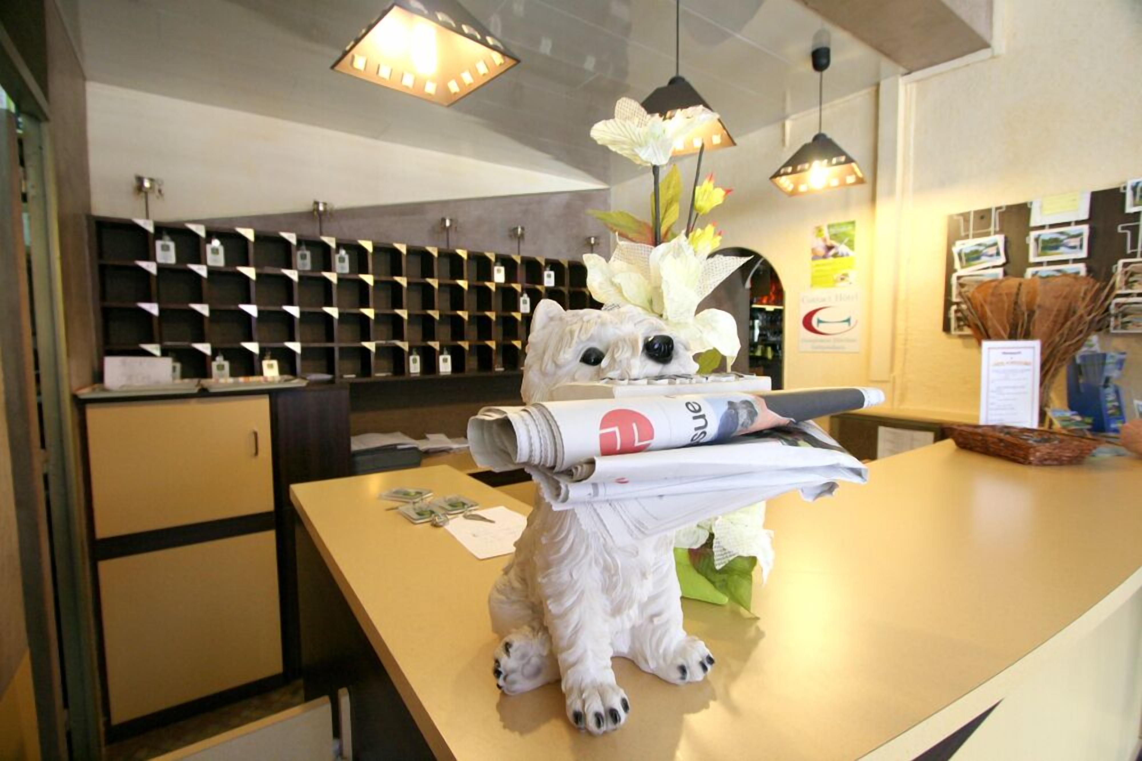 Balcão de recepção com escultura decorativa de um urso segurando um jornal. Atrás do balcão, existem prateleiras com garrafas e uma parede com quadros.