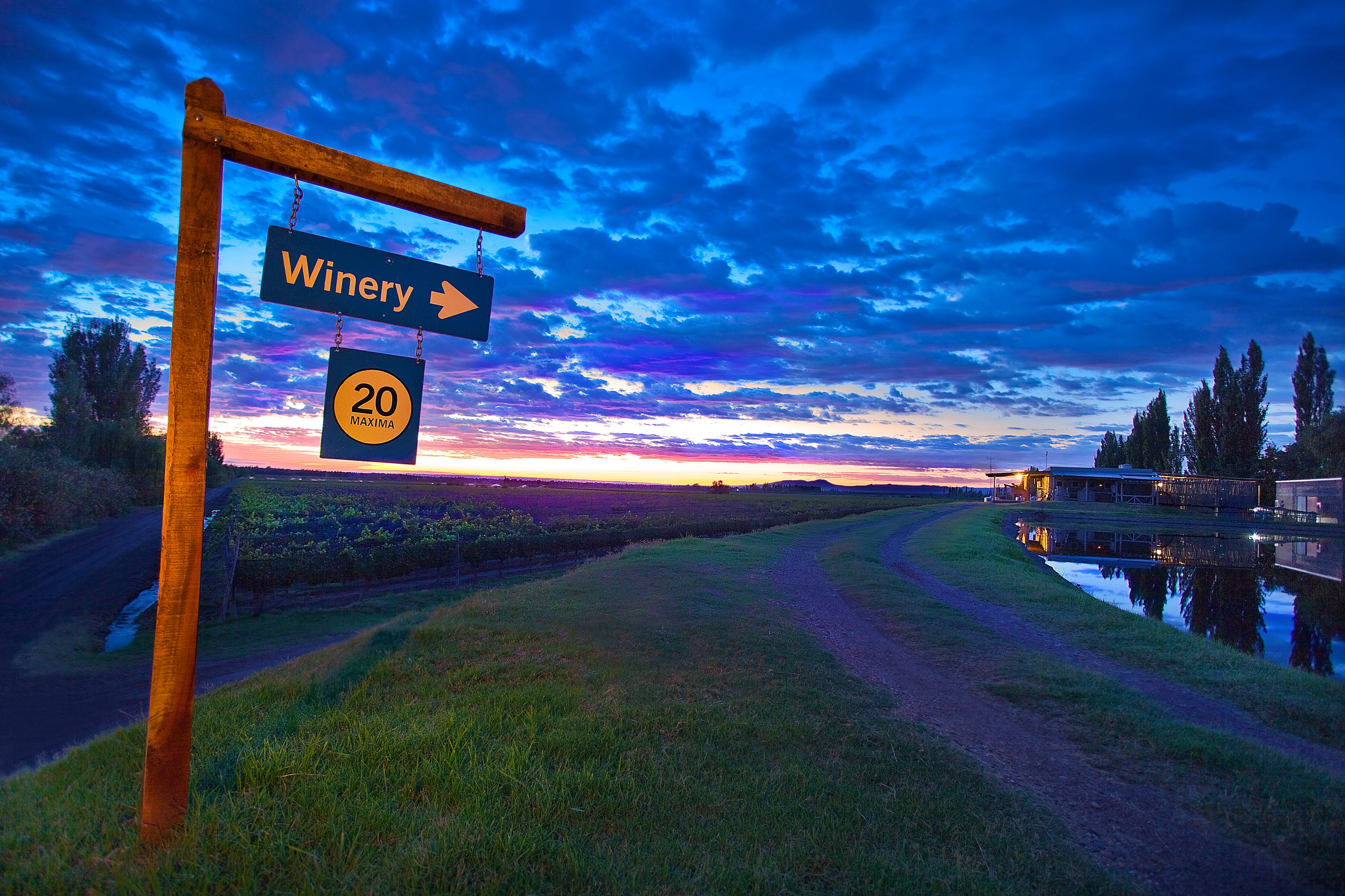 Placa de sinalização com os dizeres 'Winery' e '20 MAXIMA', indicando a localização de uma vinícola.