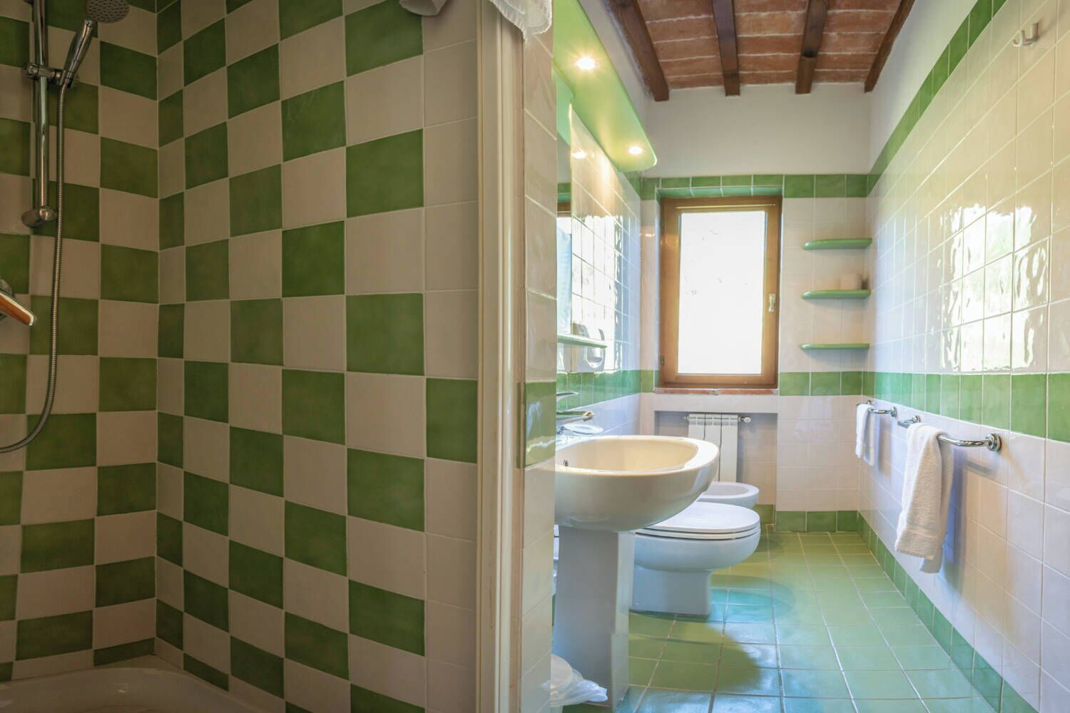 Um banheiro com padrão de azulejos quadriculado em verde e branco, uma pia branca, um vaso sanitário e um chuveiro.