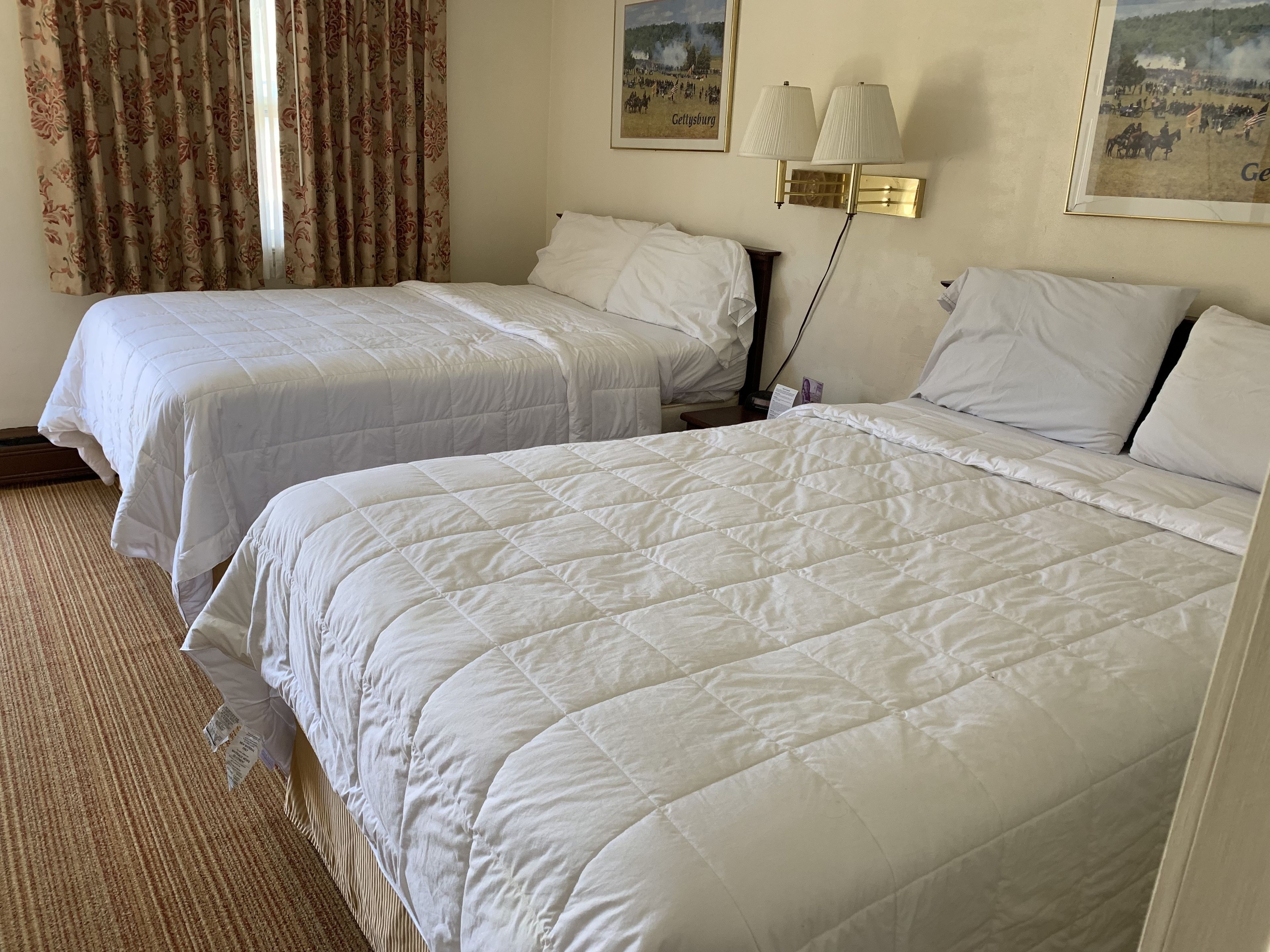 Quarto de hotel com duas camas, uma mesa de cabeceira, um abajur e um quadro na parede.
