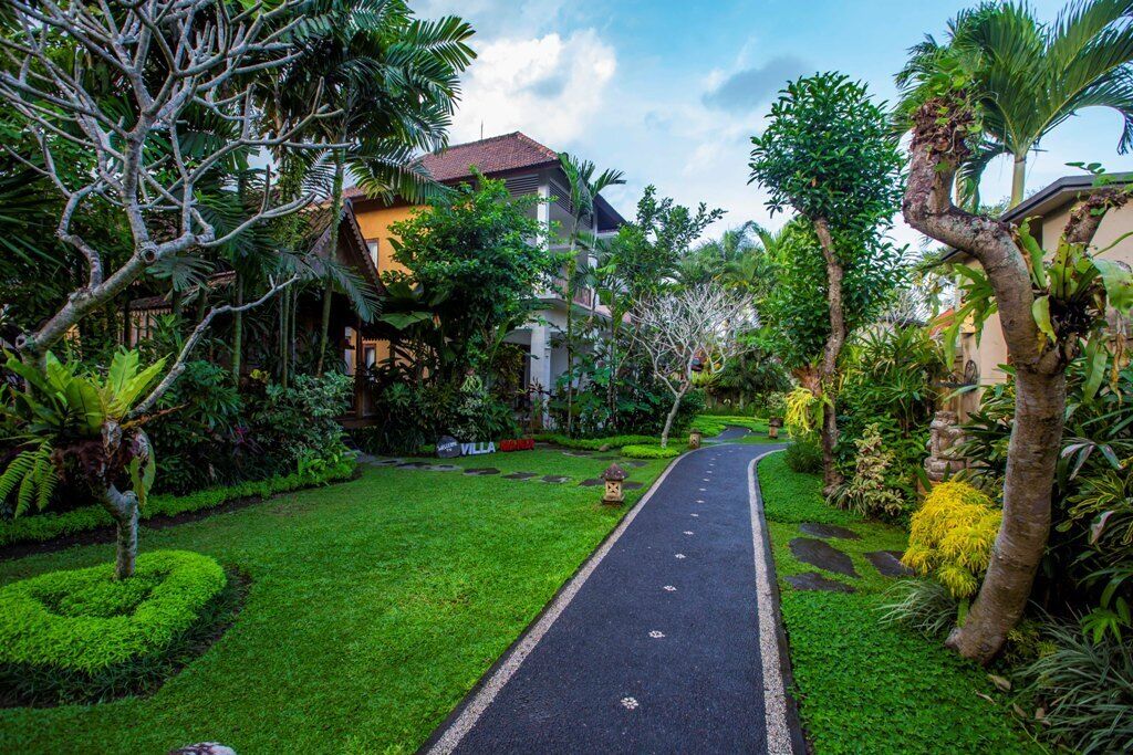 Uma trilha leva a um edifício cercado por vegetação exuberante e plantas tropicais.