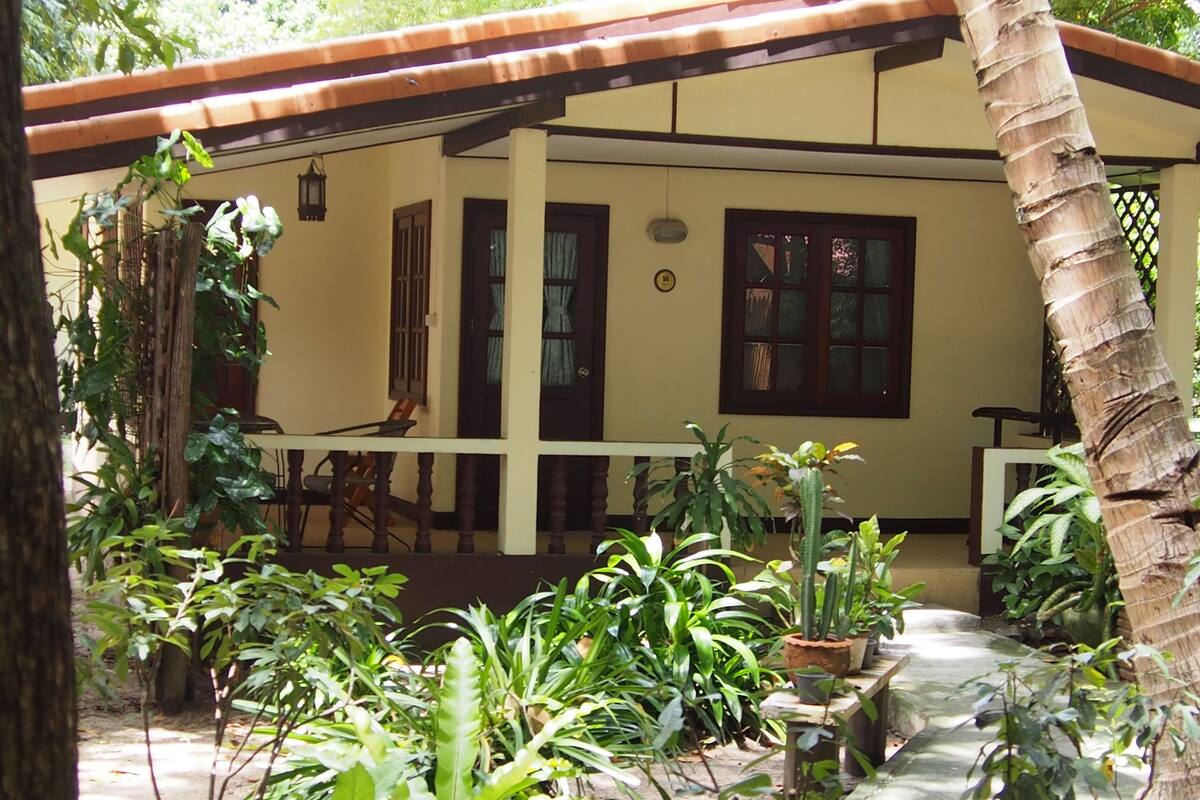 Área externa coberta com mesa e cadeiras, rodeada por plantas em vasos e uma palmeira.
