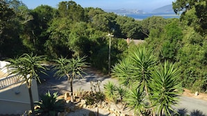 Um jardim com paisagismo, palmeiras, um caminho de cascalho e vista para o mar e colinas ao fundo.