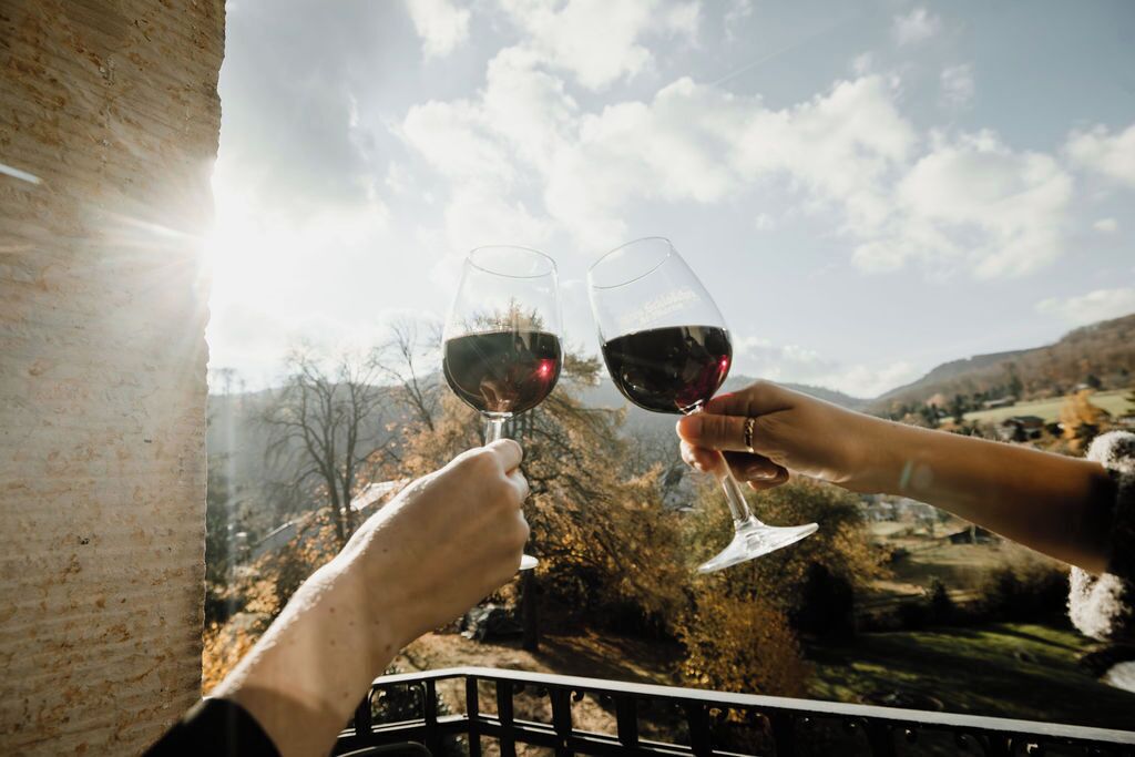 Duas pessoas brindando com taças de vinho diante de uma paisagem pitoresca de vinhedos e colinas.