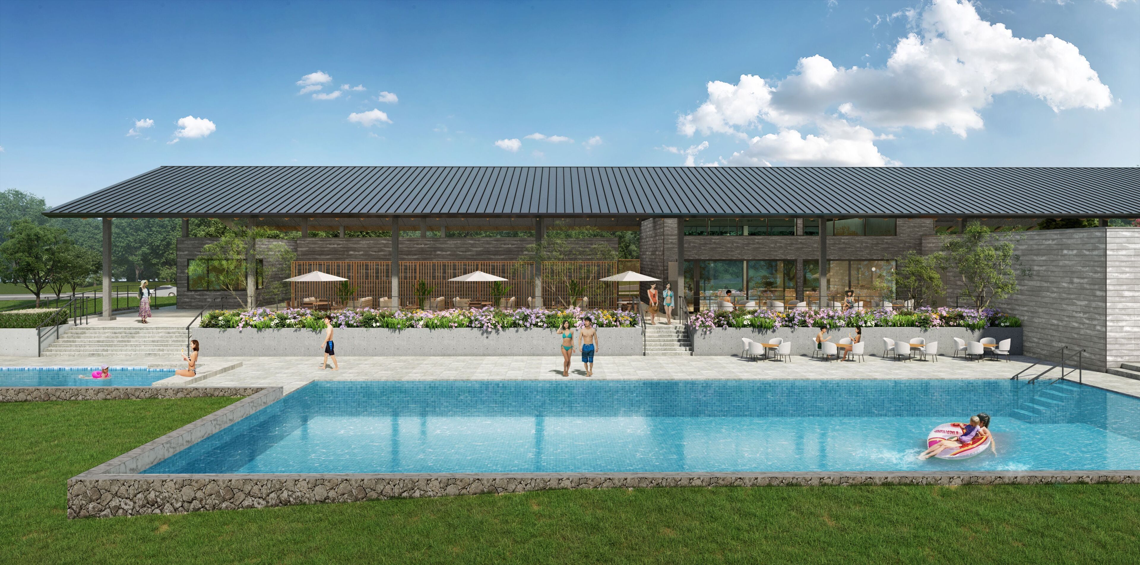 Piscina externa sazonal, guarda-sóis