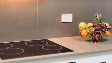 Um frigorífico/congelador grande, um micro-ondas, um forno