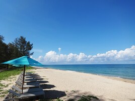 Perto da praia, espreguiçadeiras, guarda-sóis, toalhas de praia 